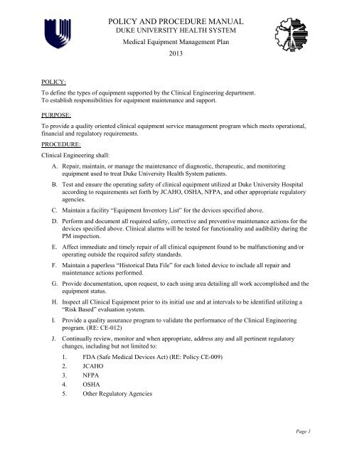 Medical Equipment Management Plan - Clinical Engineering - Duke ...