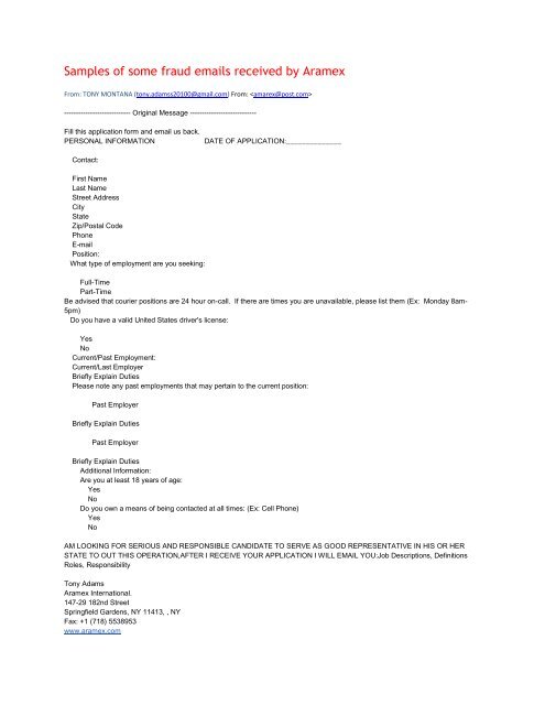 Sample of Fraud Emails - Aramex