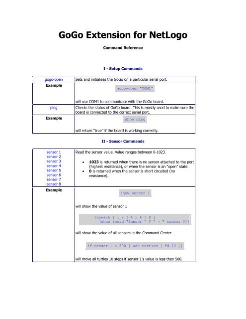 NetLogo/GoGo command reference