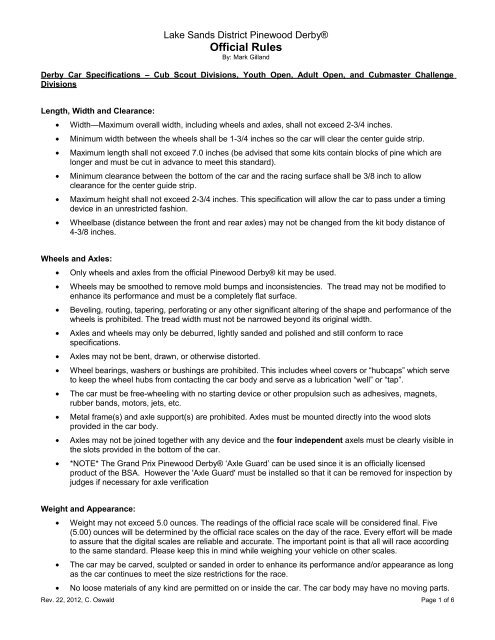 2012 Lake Sands District Pinewood Derby rules