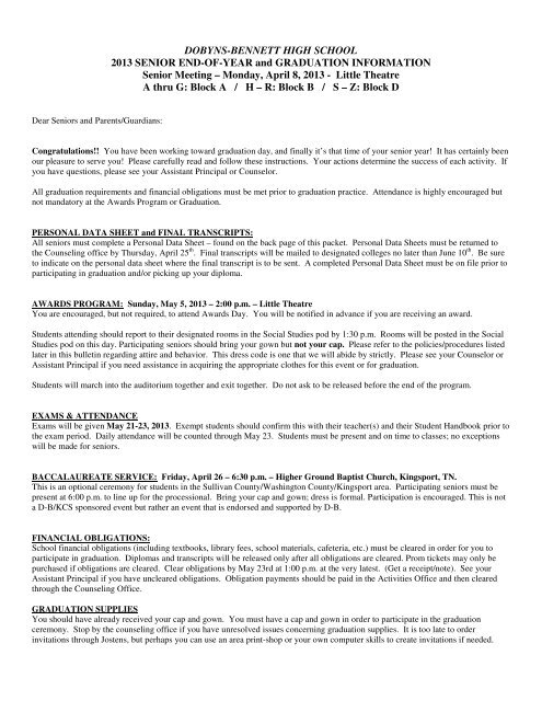 2013 Senior Graduation Info Letter - Dobyns-Bennett High School