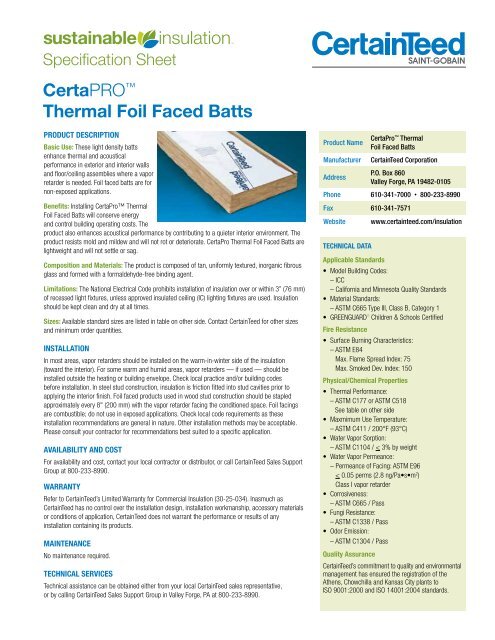 CertaPRO™ Thermal Foil Faced Batts sustainable ... - CertainTeed