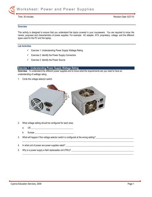 Worksheet: Power and Power Supplies - Cyanna Education Services