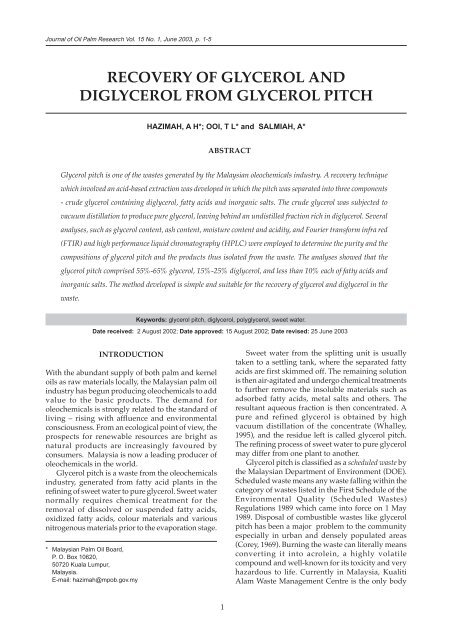 recovery of glycerol and diglycerol from glycerol pitch - PALMOILIS ...