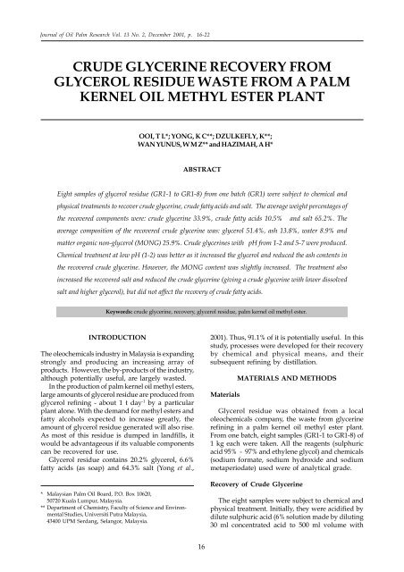 crude glycerine recovery from glycerol residue waste from a palm