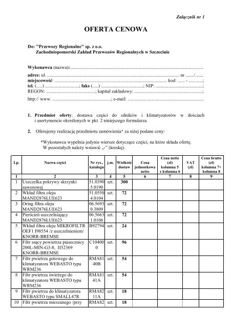Załącznik nr 1 - oferta cenowa - Przewozy Regionalne