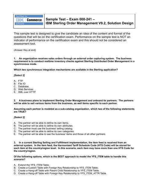 Sample Test ? Exam 000-241 ? IBM Sterling Order Management V9 ...