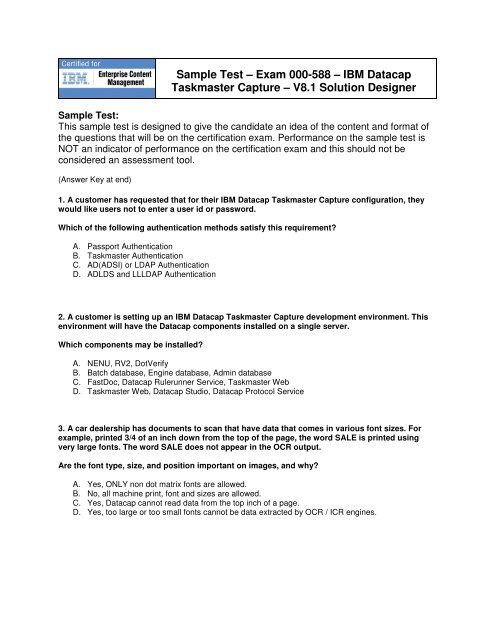 Sample Test ? Exam 000-588 ? IBM Datacap Taskmaster Capture ...