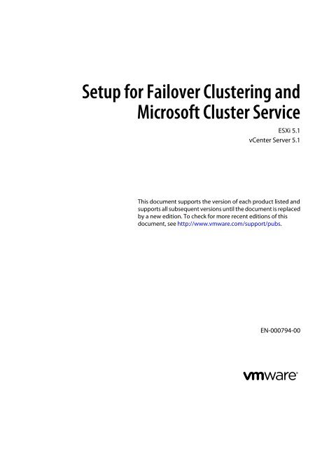 Setup for Failover Clustering and Microsoft Cluster Service - ESXi 5.1