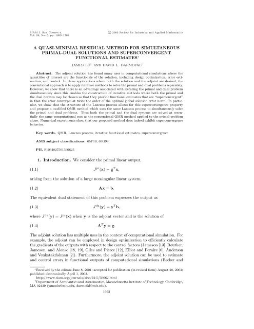 A Quasi Minimal Residual Method For Siam Journals