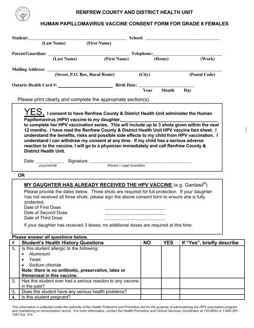 HPV Vaccine Consent Forms - Renfrew County and District Health ...