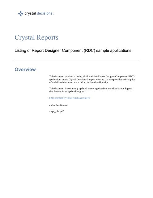 Listing of Report Designer Component (RDC) sample applications