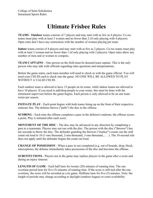 Ultimate Frisbee Rules - The College of St. Scholastica