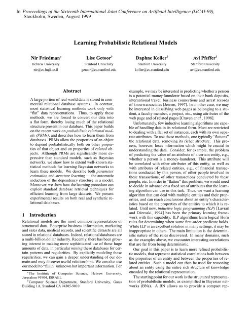 Learning Probabilistic Relational Models - Stanford AI Lab - Stanford ...
