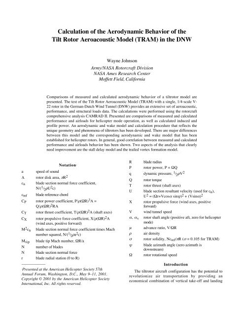Calculation of the Aerodynamic Behavior of the Tilt Rotor ... - NASA