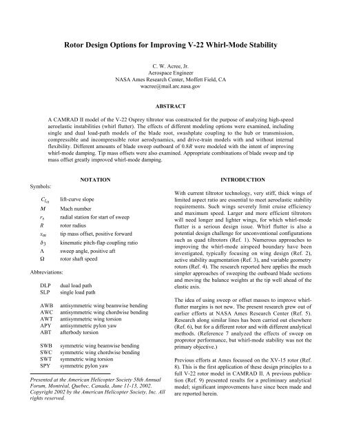 Rotor Design Options for Improving V-22 Whirl-Mode Stability - NASA