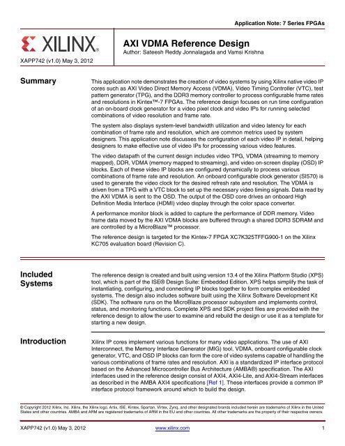 Xilinx XAPP742 AXI VDMA Reference Design, Application ... - EEWeb