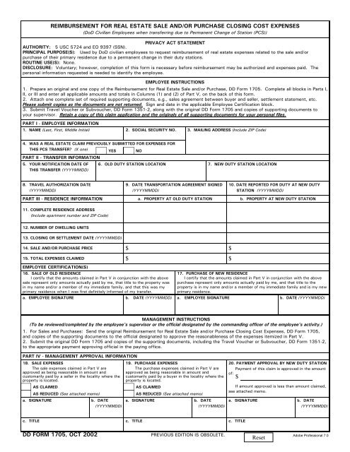 DD Form 1705, Reimbursement for Real Estate Sale and/or ...