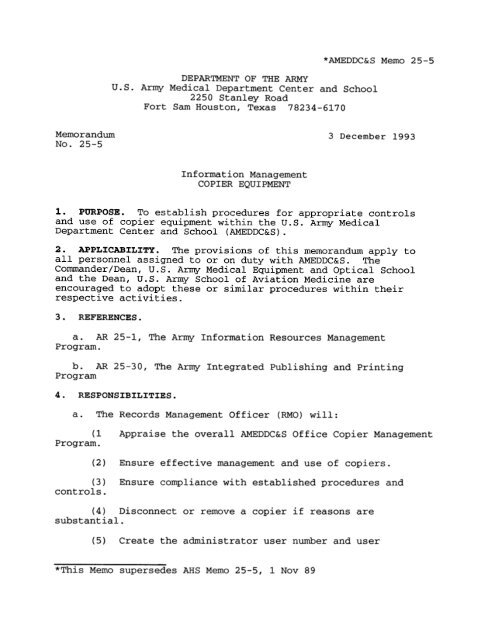 AMEDDC&S Memo - Fort Sam Houston - U.S. Army