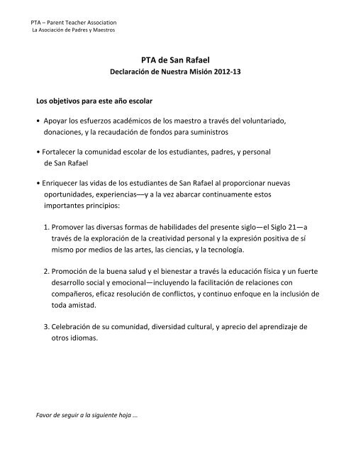 PTA Mission statement, en espanol