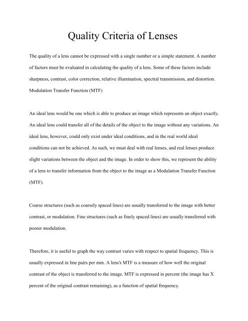 Quality Criteria of Lenses - Schneider Optics