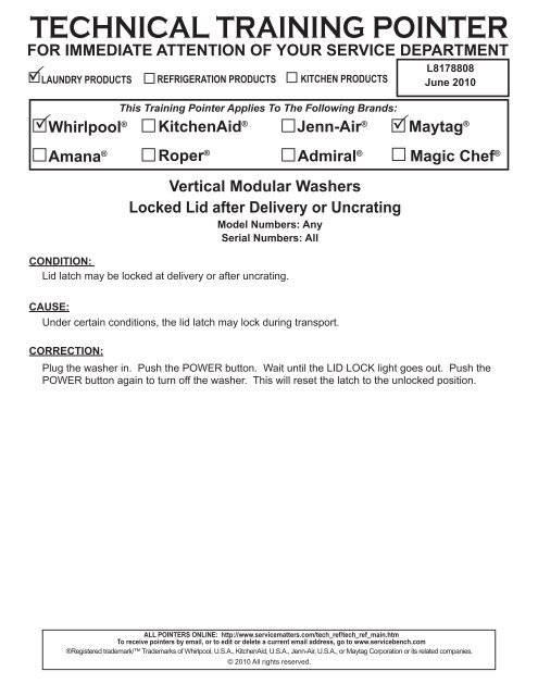 TECHNICAL TRAINING POINTER - Whirlpool