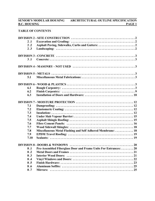 senior's modular housing architectural outline specification bc