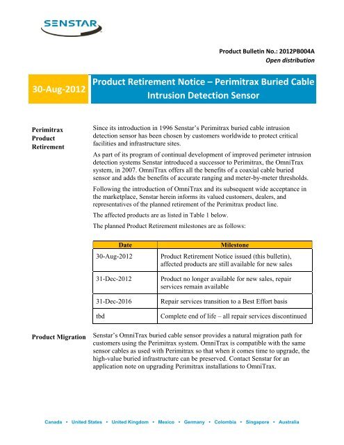 30-Aug-2012 Product Retirement Notice – Perimitrax ... - Senstar