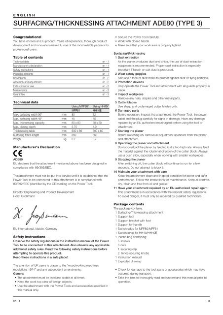 surfacing/thicknessing attachment ade80 (type 3) - Service