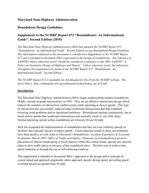 Maryland SHA Roundabout Design Guidelines - Maryland State ...