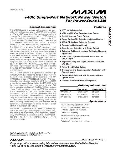 MAX5922 +48V, Single-Port Network Power Switch For ... - Maxim