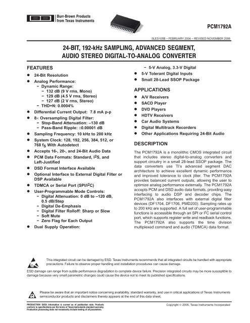 24-Bit, 192-kHz Sampling, Advanced Segment, Audio Stereo DAC ...