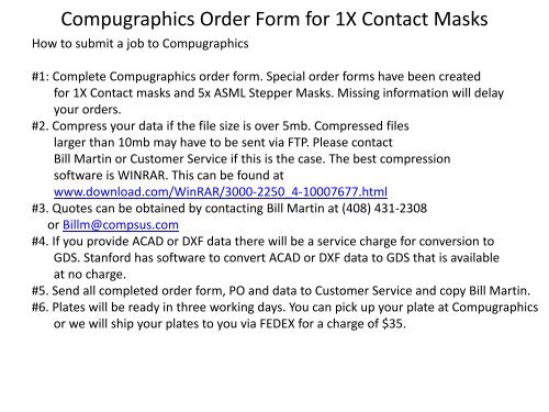 Compugraphics Order Form for 1X Contact Masks