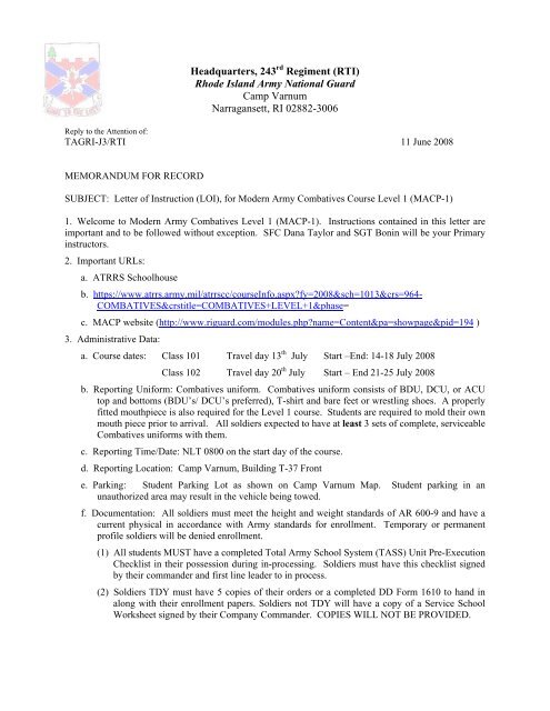 Headquarters, 243 Regiment (RTI) Rhode Island Army ... - STATES