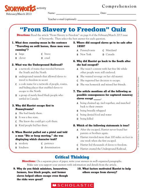 ?From Slavery to Freedom? Quiz - Storyworks - Scholastic