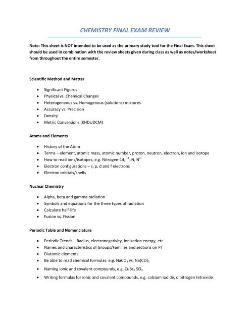 CHEMISTRY FINAL EXAM REVIEW CHEMISTRY FINAL EXAM REVIEW