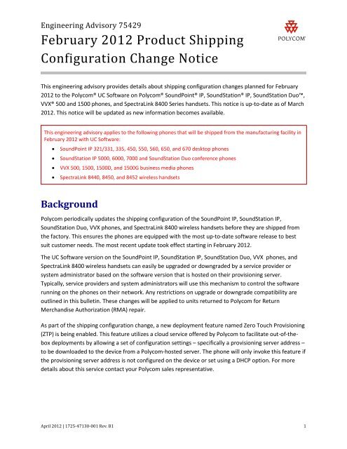Product Shipping Configuration Change Notice - Polycom