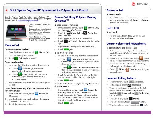 Quick Tips for Polycom ITP Systems and the Polycom Touch Control
