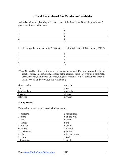 A Land Remembered Fun Puzzles And Activities