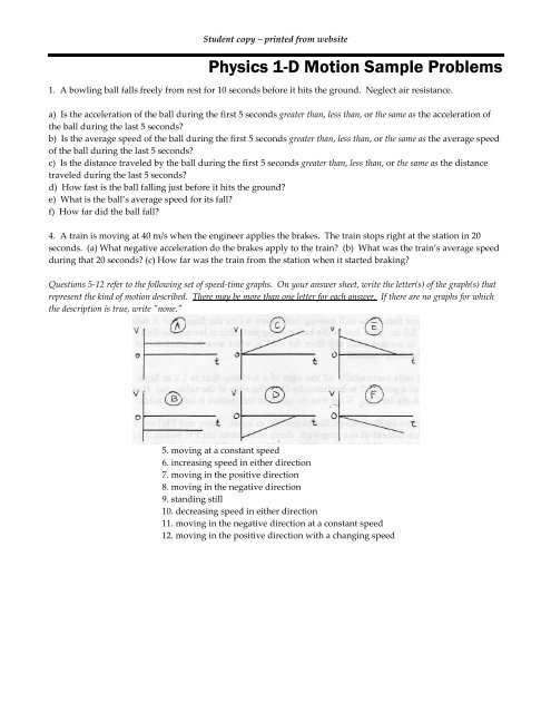 Physics 1-D Motion Sample Problems - Teacher