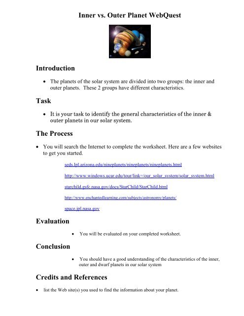 Inner And Outer Planets Worksheets