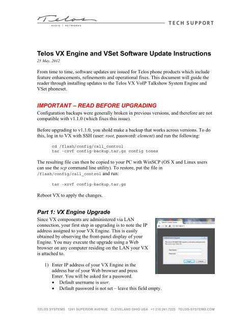 Telos VX Engine and VSet Software Update Instructions