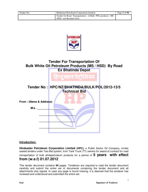 tender no - Hindustan Petroleum Corporation Limited