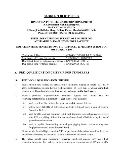 global public tender a. pre -qualification criteria for tenderers