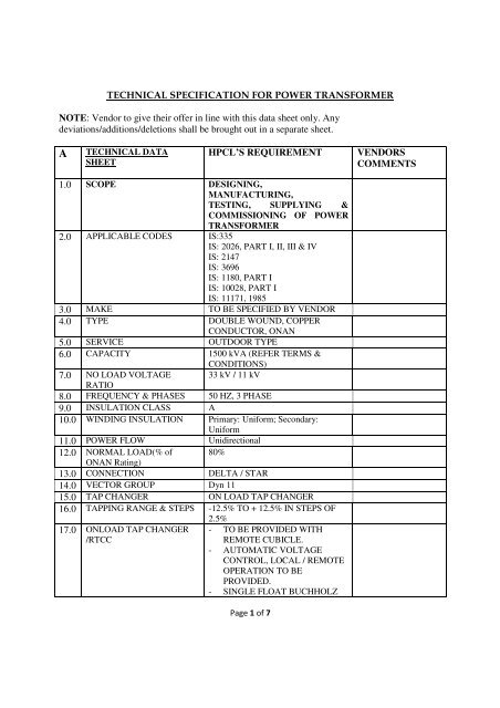 Technical Specification For Power Transformer Note