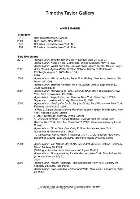 Agnes Martin biog - Timothy Taylor Gallery