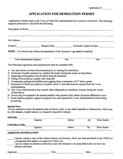 APPLICATION FOR DEMOLITION PERMIT - www.townofnashville.org