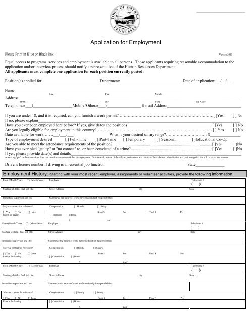 Job Application Form - Town of Smyrna, Tennessee