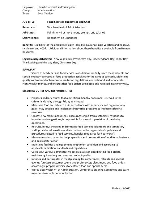 JOB TITLE: Food Services Supervisor and Chef