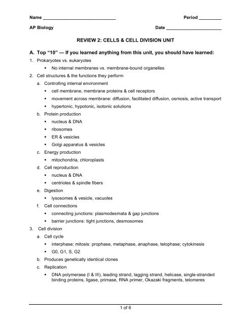 REVIEW 2: CELLS & CELL DIVISION UNIT A. Top “10 ... - Staff.fcps.net